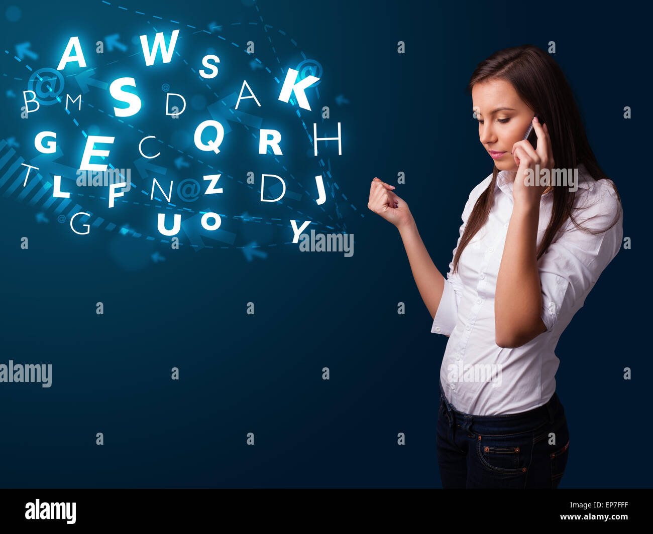 Young lady making phone call with shiny characters Stock Photo - Alamy