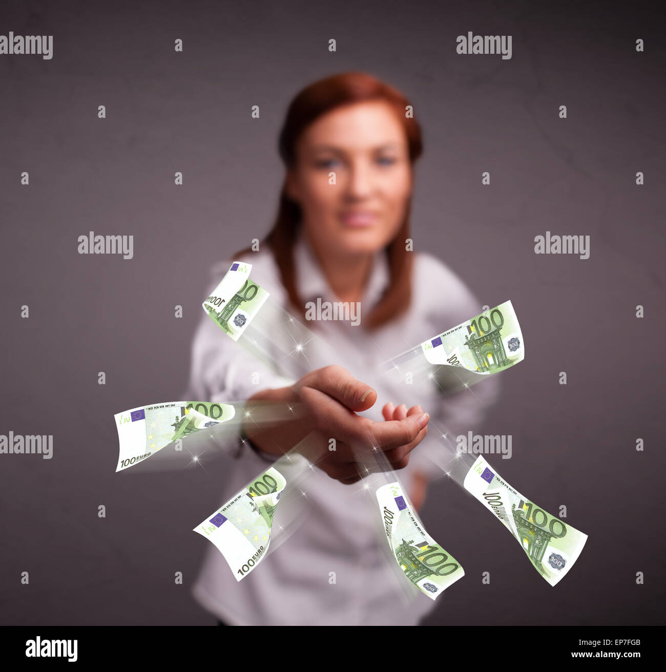 Woman and falling bank notes hi-res stock photography and images - Alamy