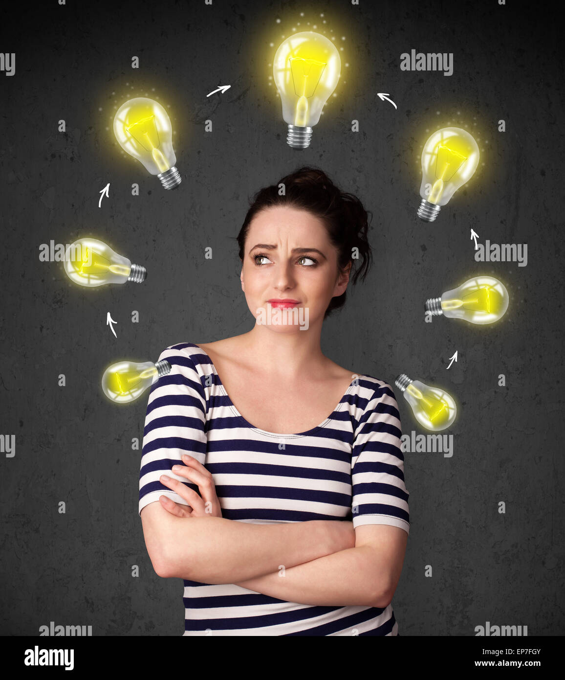 Young woman thinking with lightbulb circulation around her head Stock ...