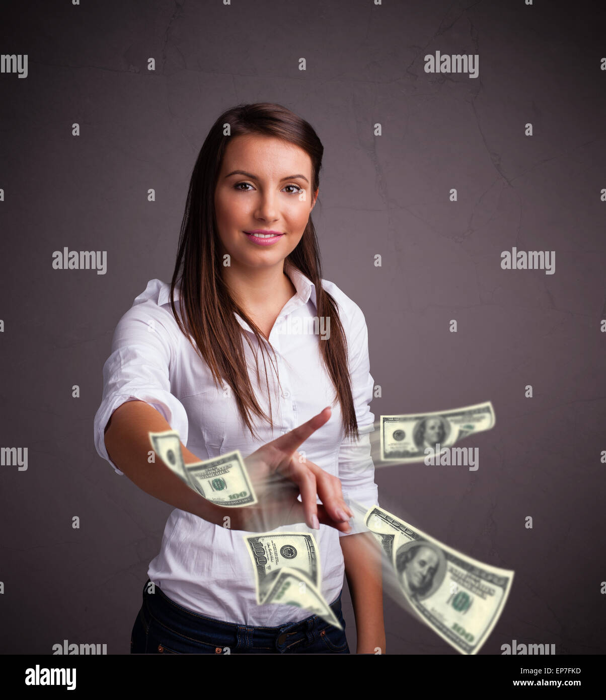 Woman and falling bank notes hi-res stock photography and images - Alamy