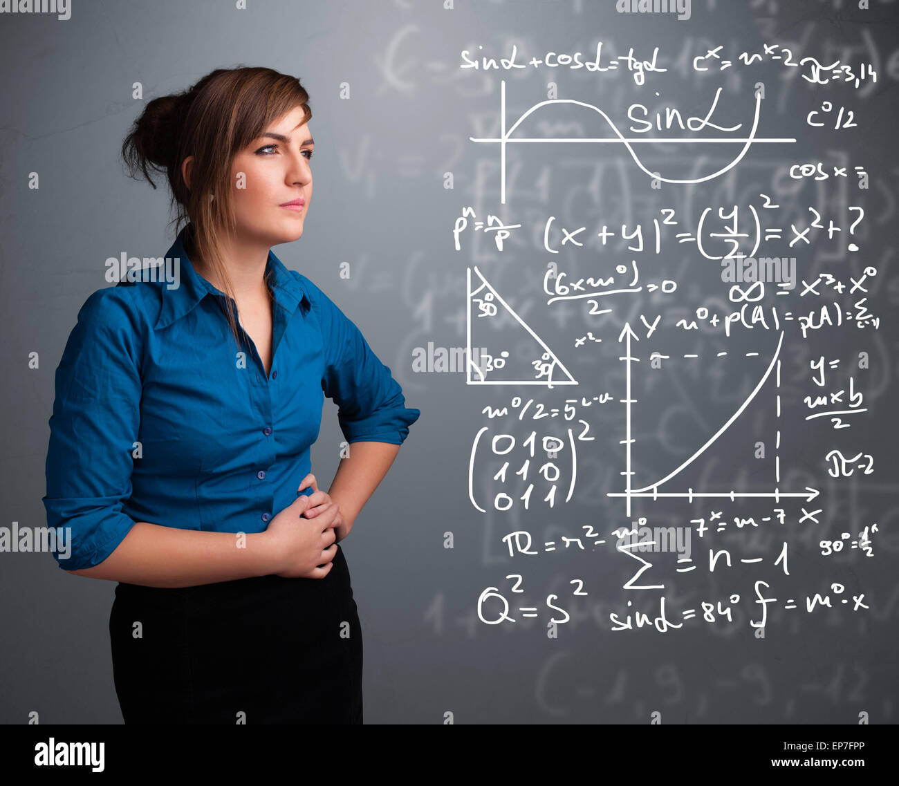 Beautiful school girl thinking about complex mathematical signs Stock ...