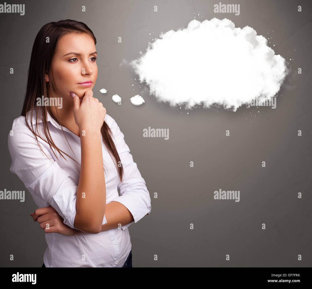 Pretty lady thinking about cloud speech or thought bubble with copy space Stock Photo - Alamy