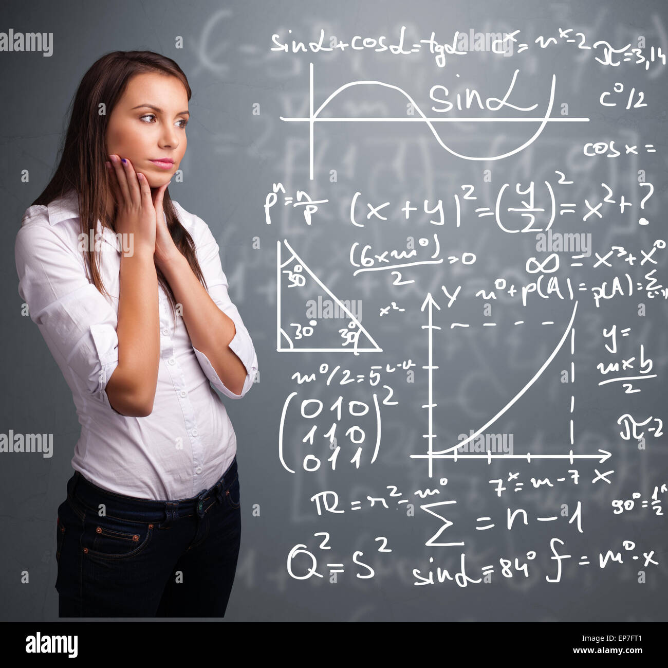 Beautiful school girl thinking about complex mathematical signs Stock ...