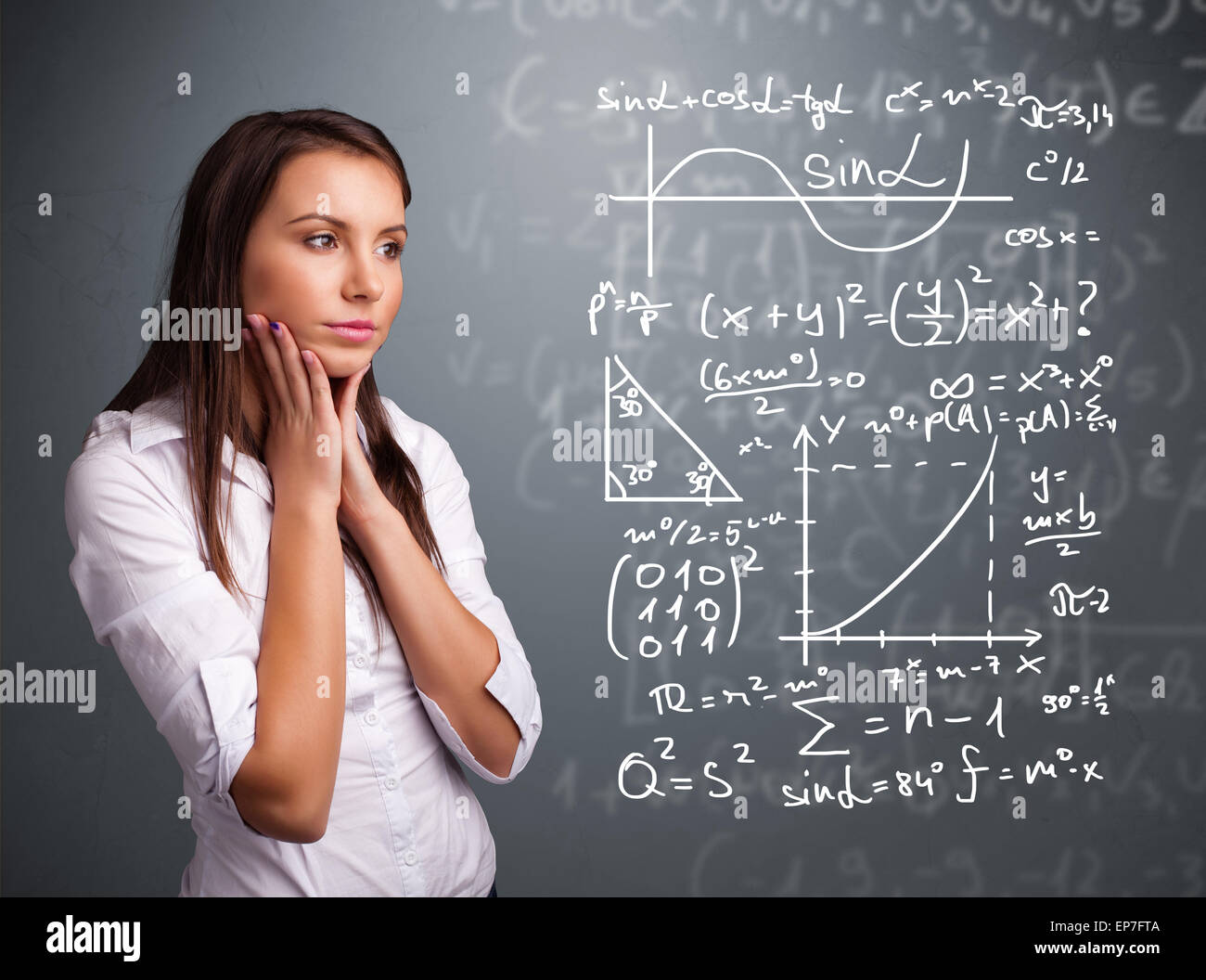 Beautiful school girl thinking about complex mathematical signs Stock ...