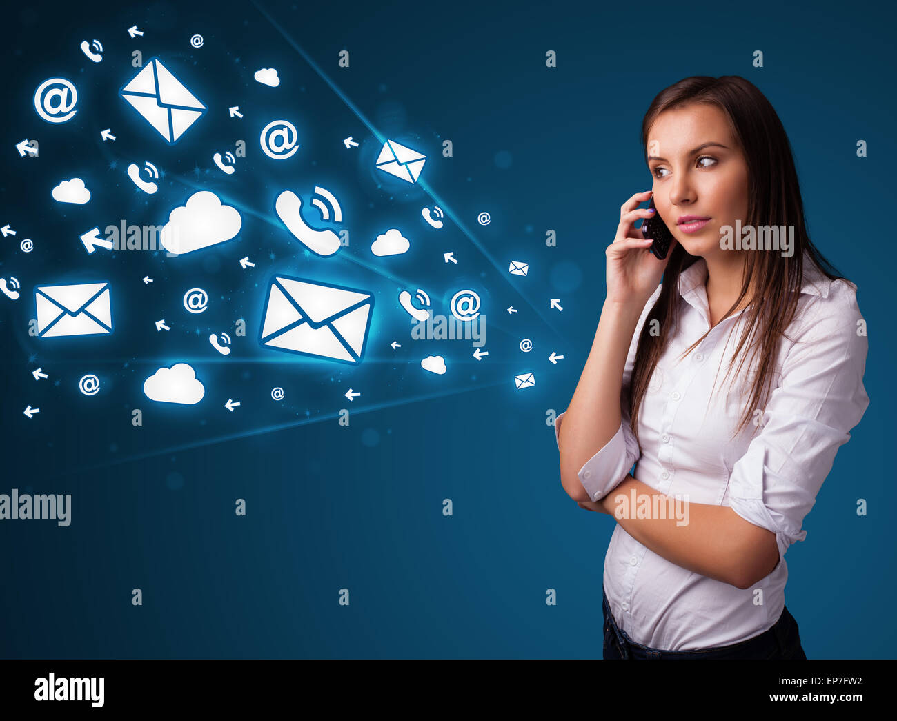 Young lady making phone call with message icons Stock Photo - Alamy