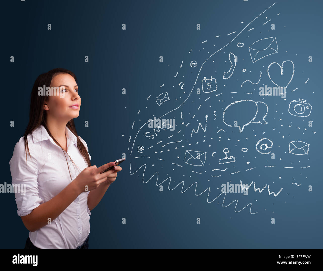 Girl typing on smartphone with various modern technology icons Stock ...