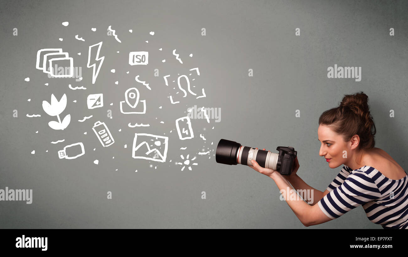 Photographer girl capturing white photography icons and symbols Stock ...