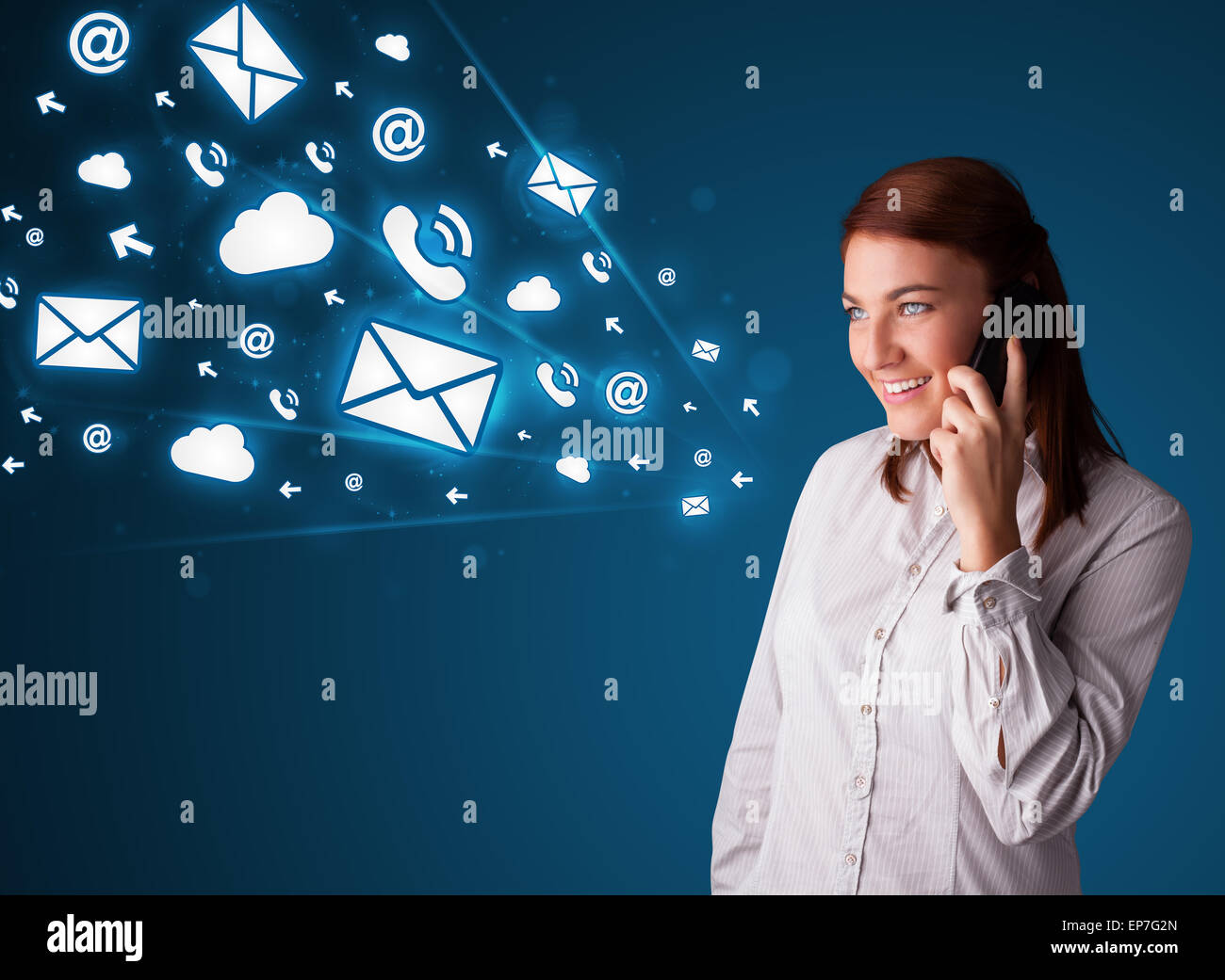 Young lady making phone call with message icons Stock Photo - Alamy