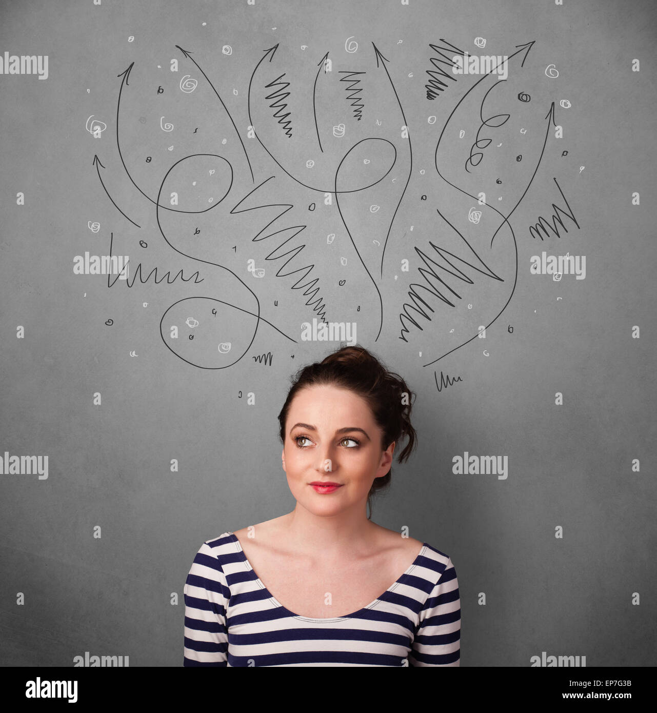 Young woman thinking with arrows over her head Stock Photo - Alamy
