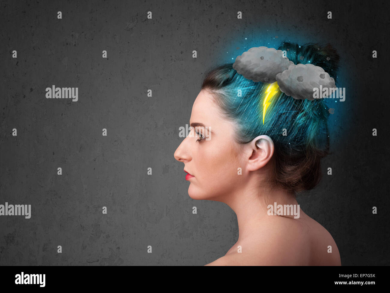 Young girl with thunderstorm lightning headache Stock Photo - Alamy