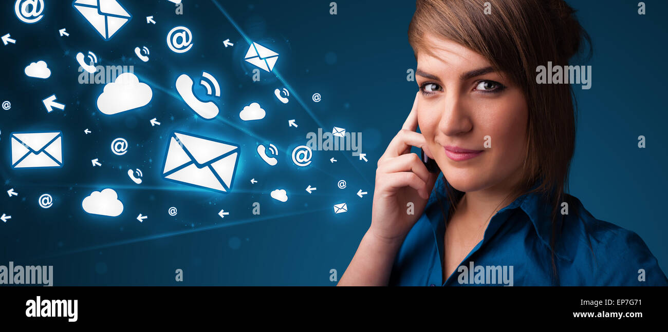 Young lady making phone call with message icons Stock Photo - Alamy
