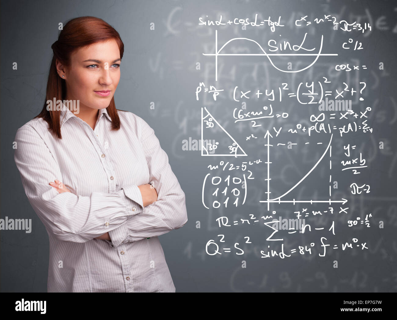 Beautiful school girl thinking about complex mathematical signs Stock ...