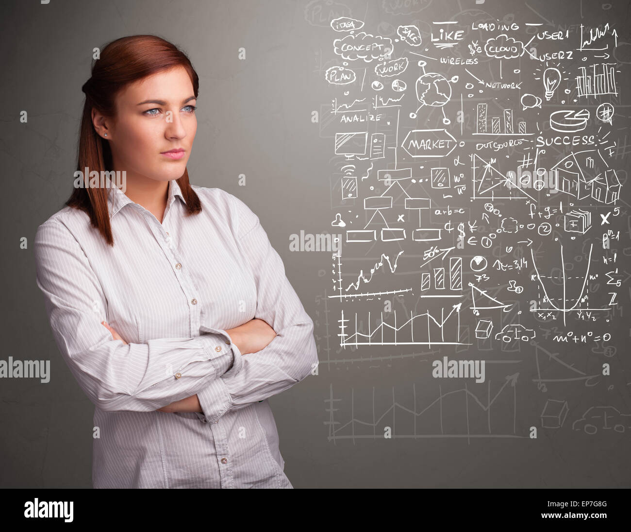 Pretty woman looking at stock market graphs and symbols Stock Photo - Alamy