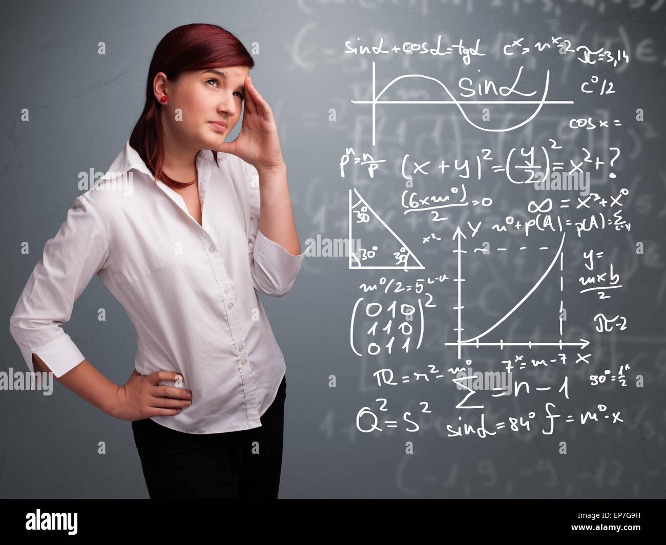 Beautiful school girl thinking about complex mathematical signs Stock ...