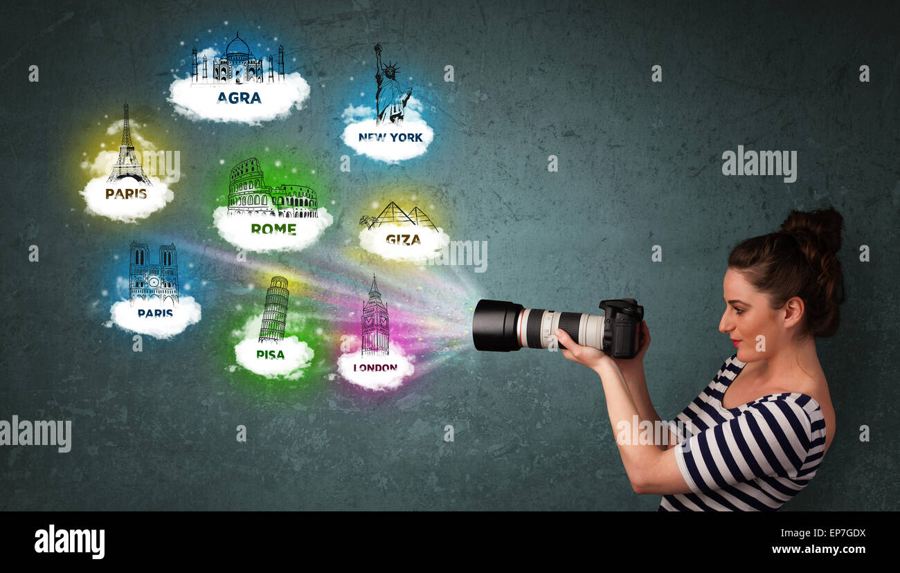 Tourist photographer making images of famous places around the world ...
