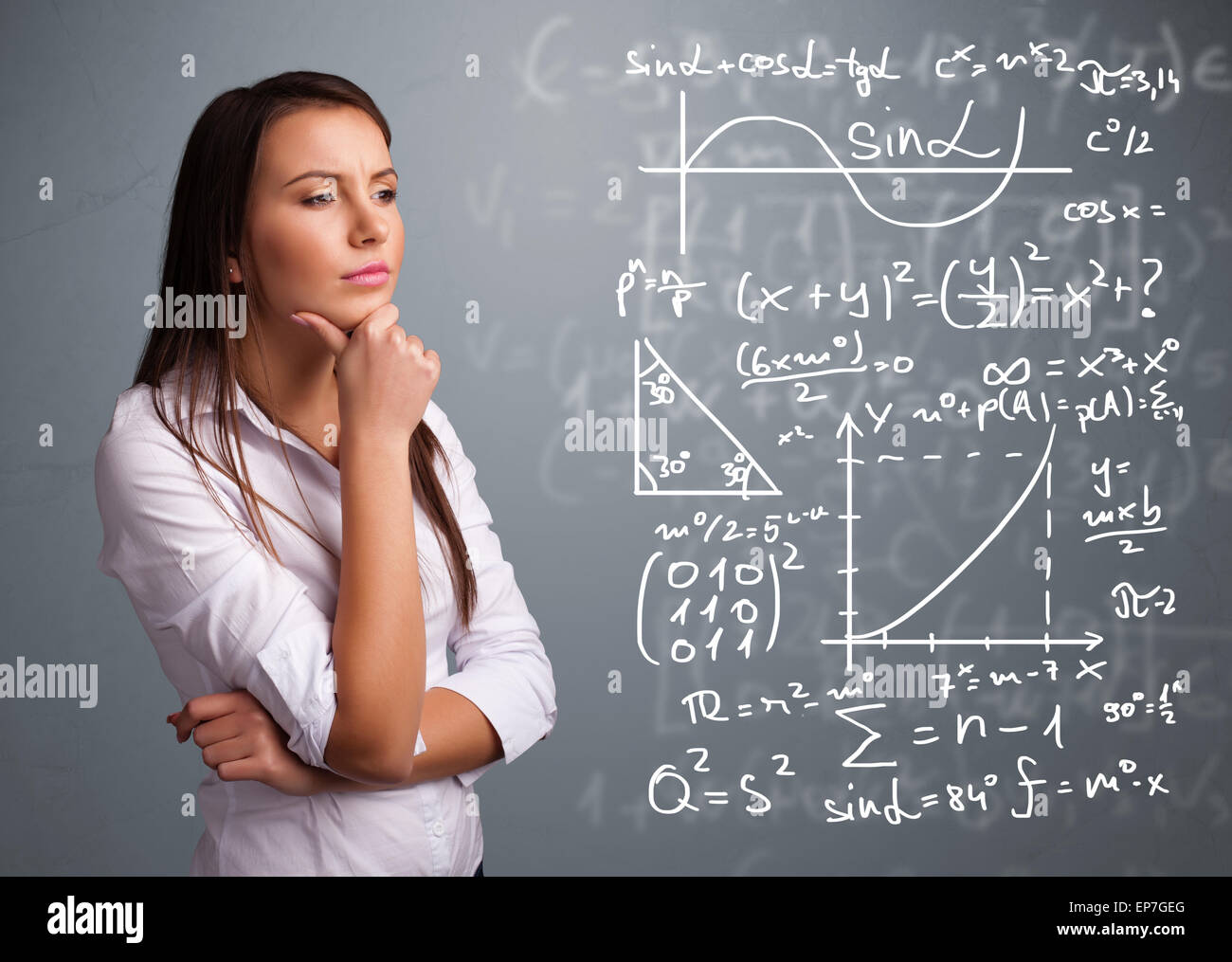 Beautiful school girl thinking about complex mathematical signs Stock ...