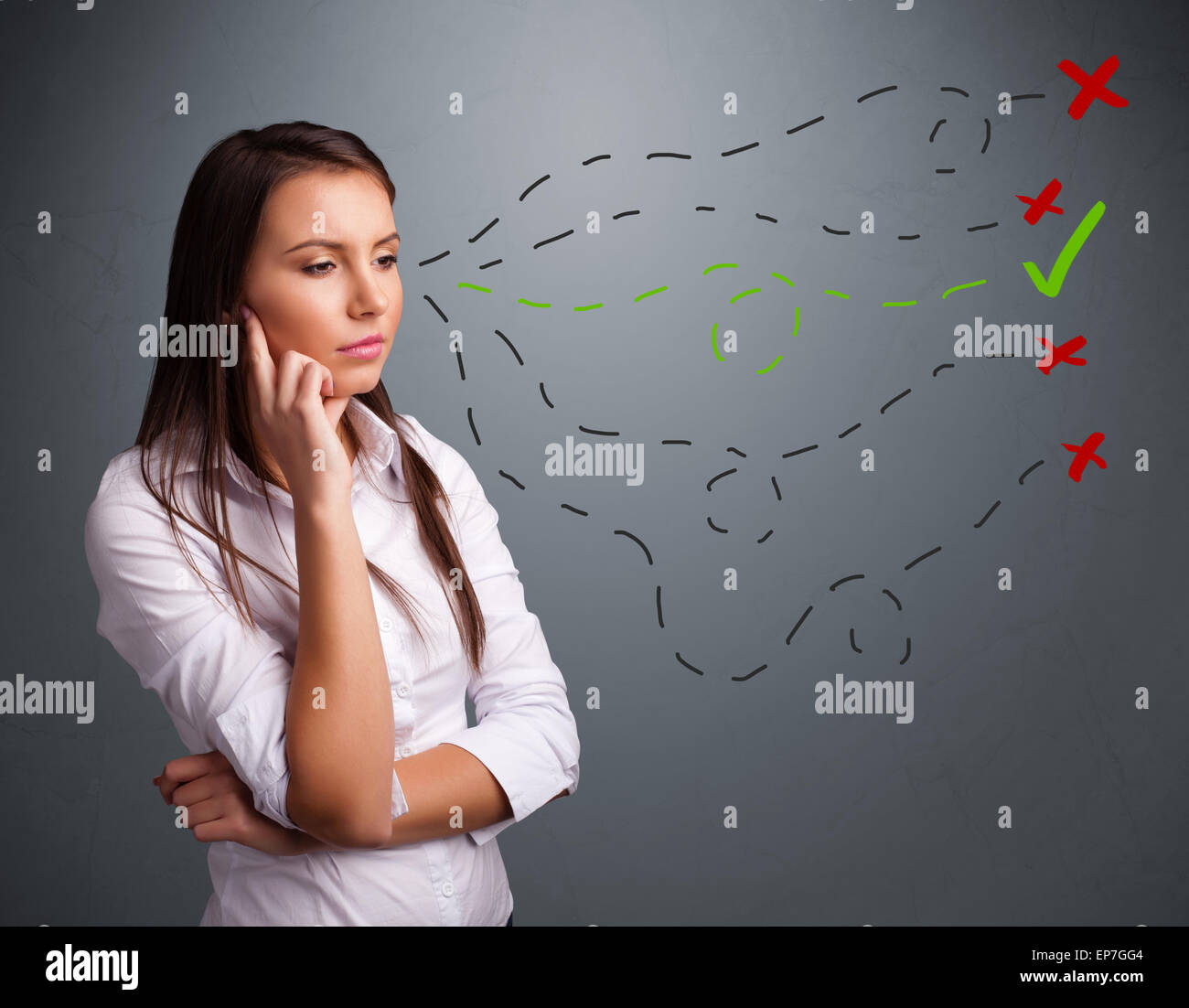Young woman choosing between right and wrong signs Stock Photo - Alamy