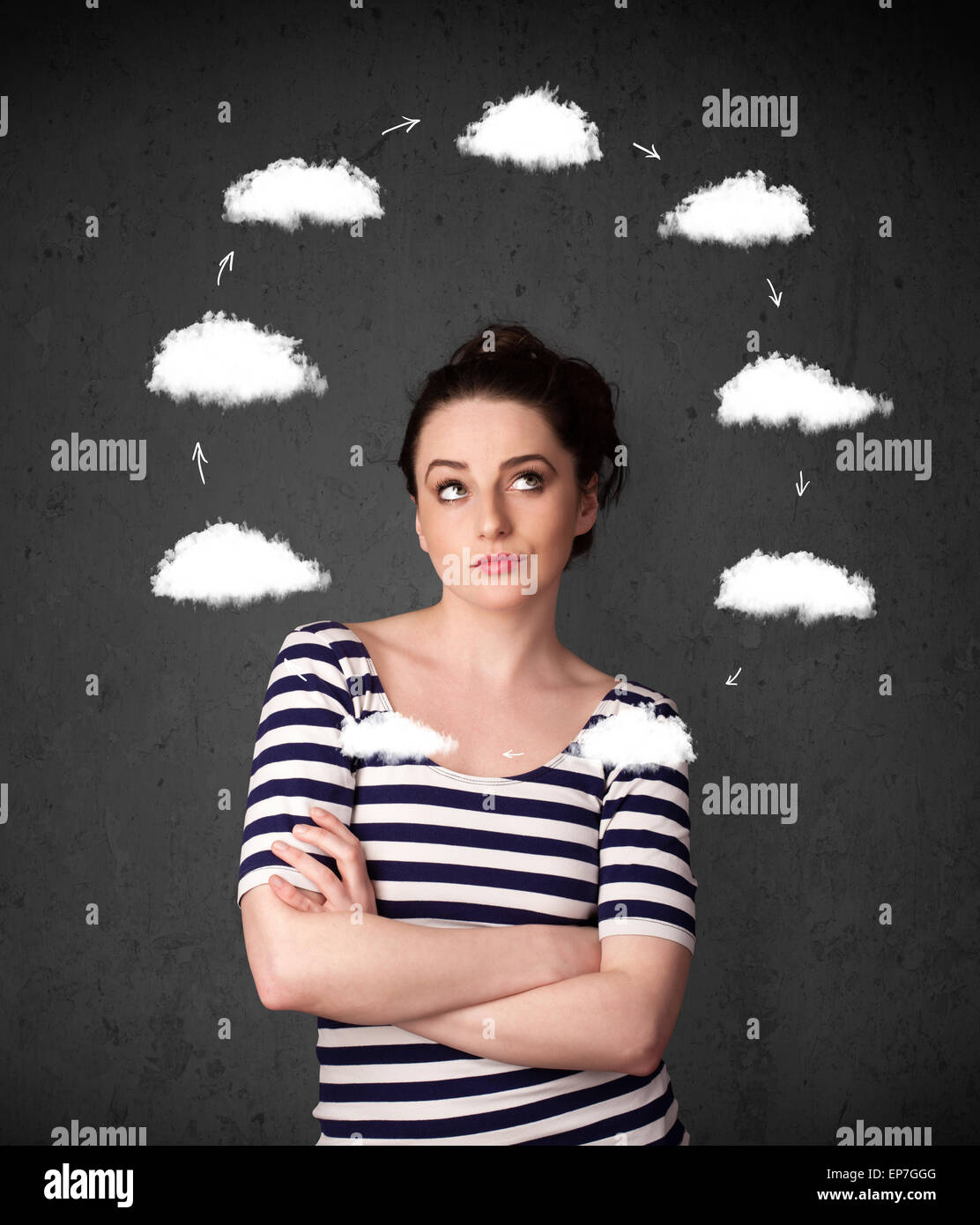 Young woman thinking with cloud circulation around her head Stock Photo ...