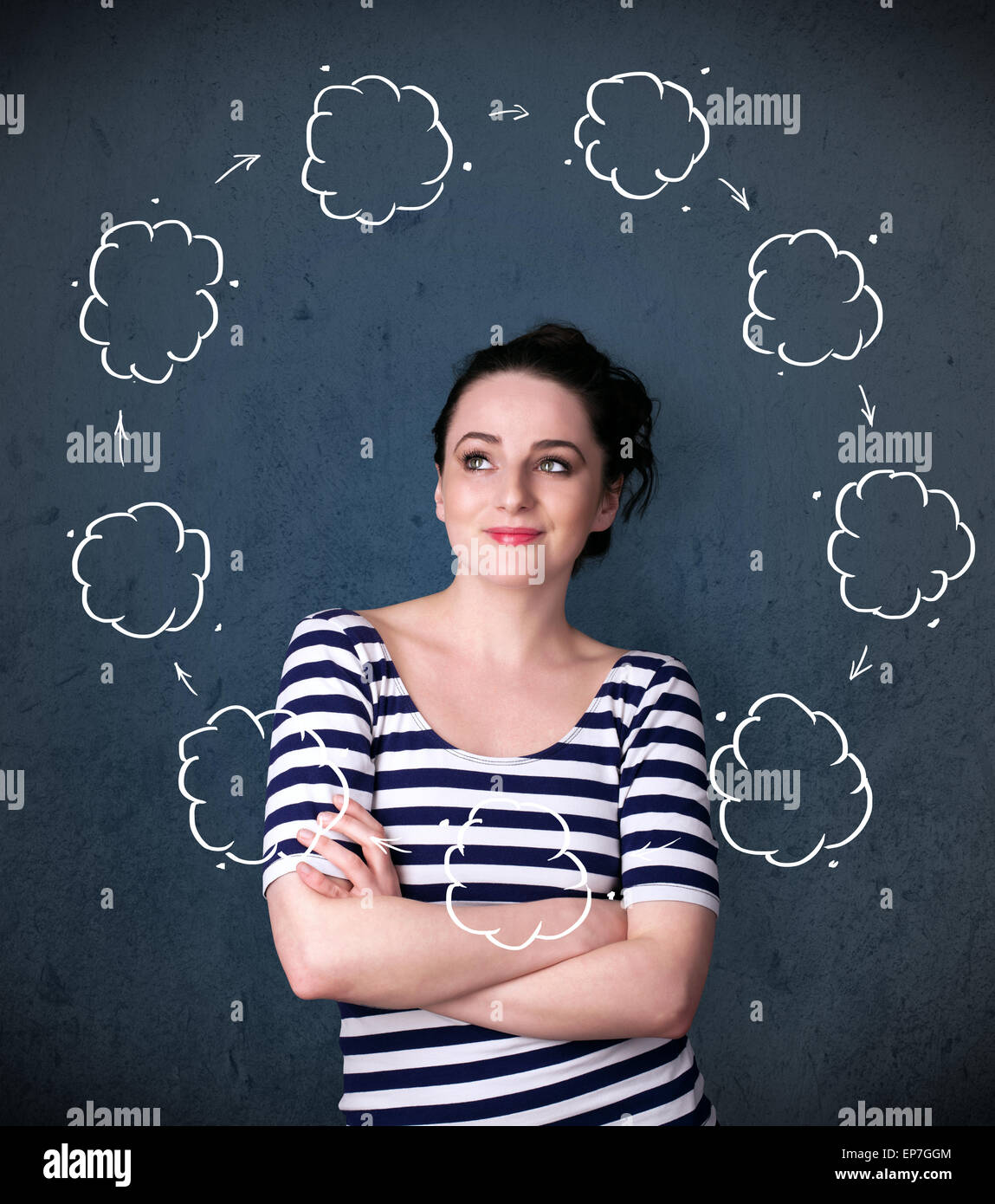 Young woman thinking with cloud circulation around her head Stock Photo ...