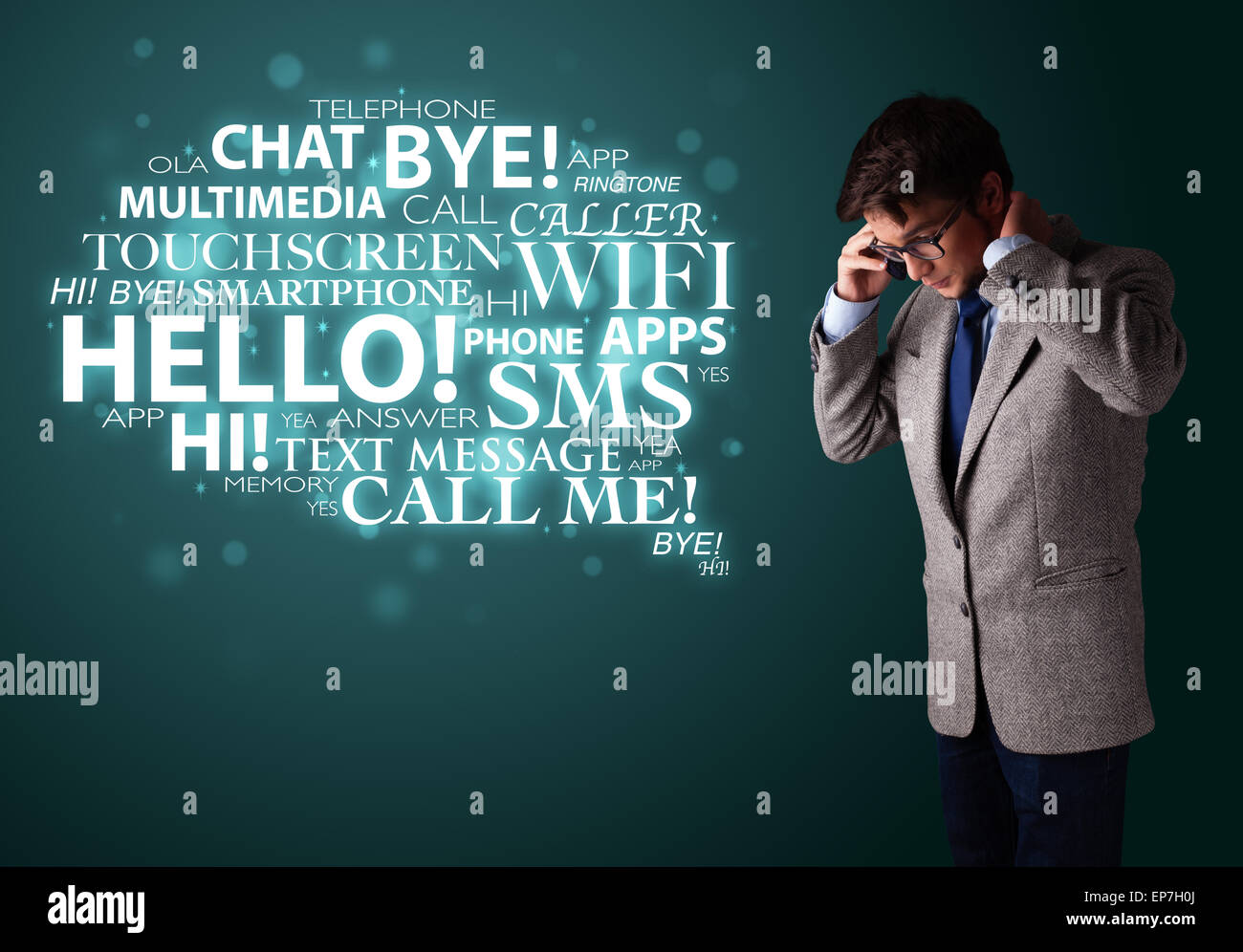 Young man making phone call with word cloud Stock Photo - Alamy