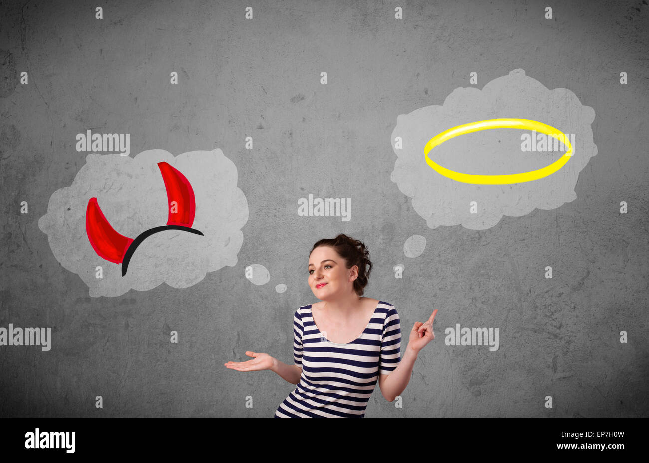 Woman choosing between good and bad Stock Photo - Alamy