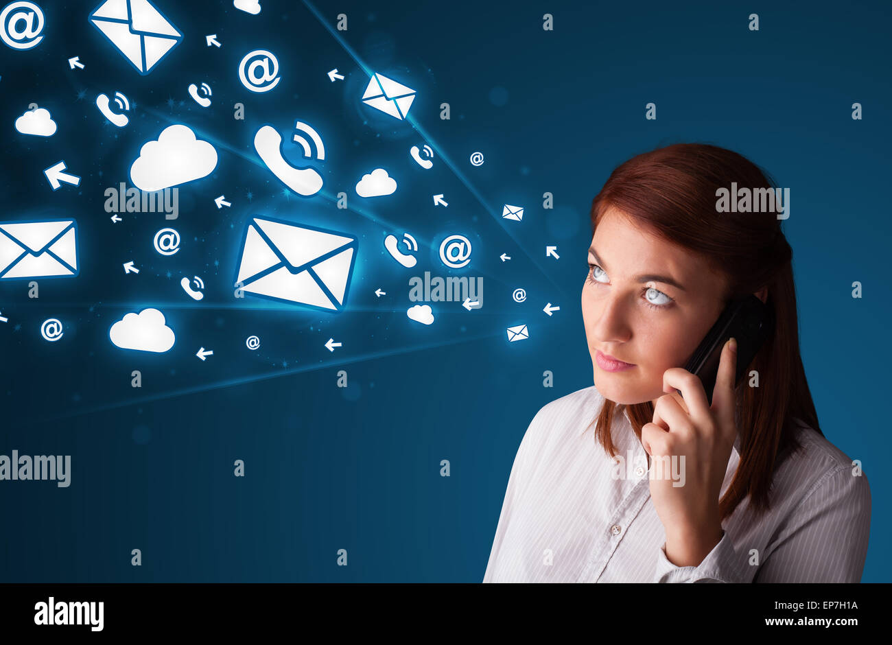Young lady making phone call with message icons Stock Photo - Alamy