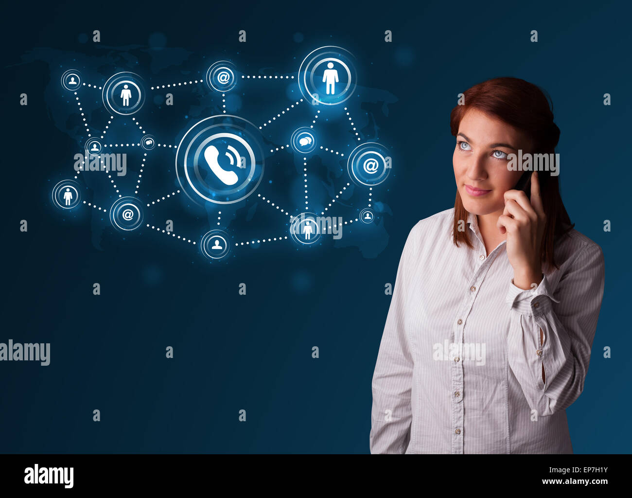 Pretty girl making phone call with social network icons Stock Photo - Alamy