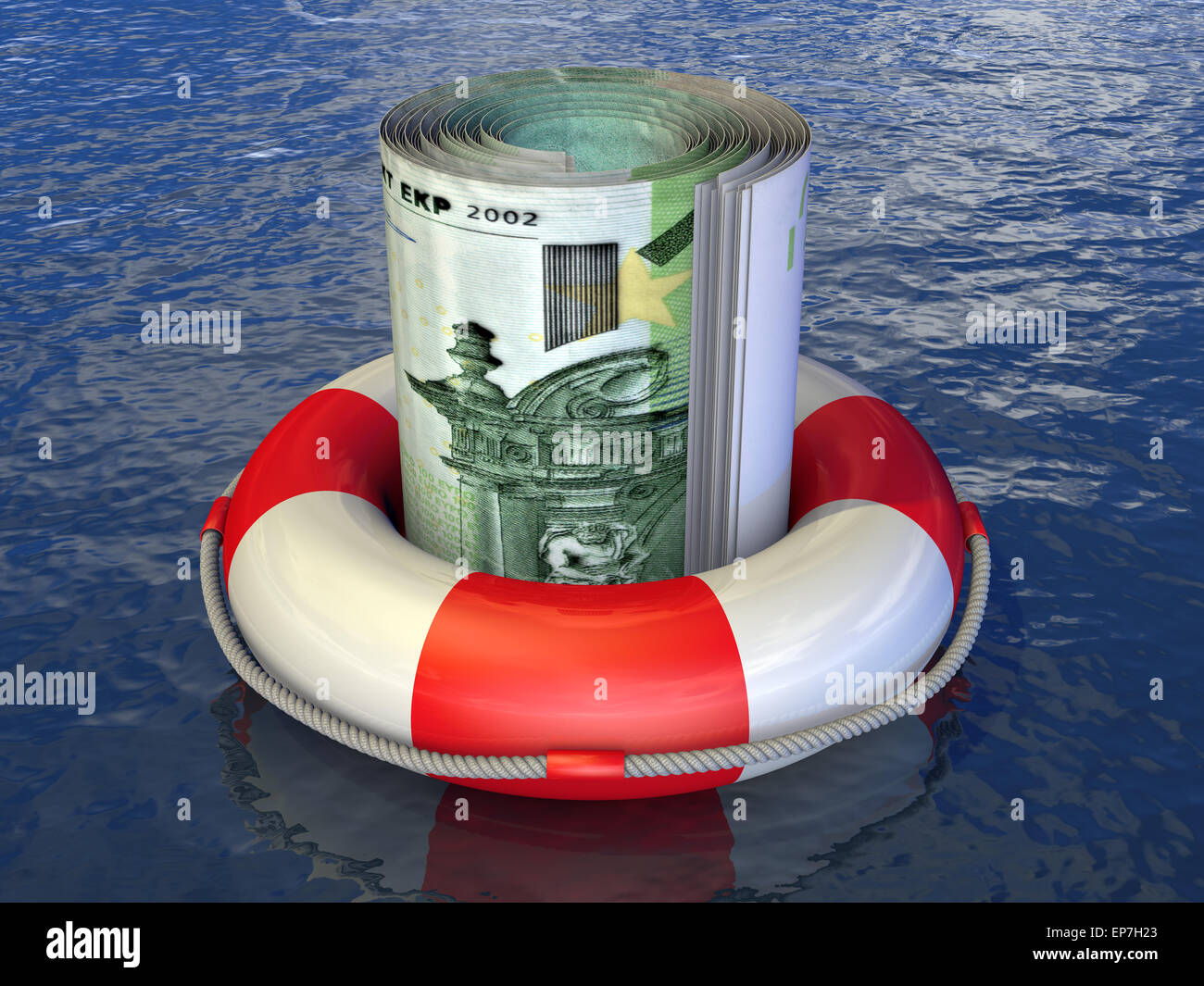 lifebuoy with twisted euro on the water, 3d rendering Stock Photo - Alamy