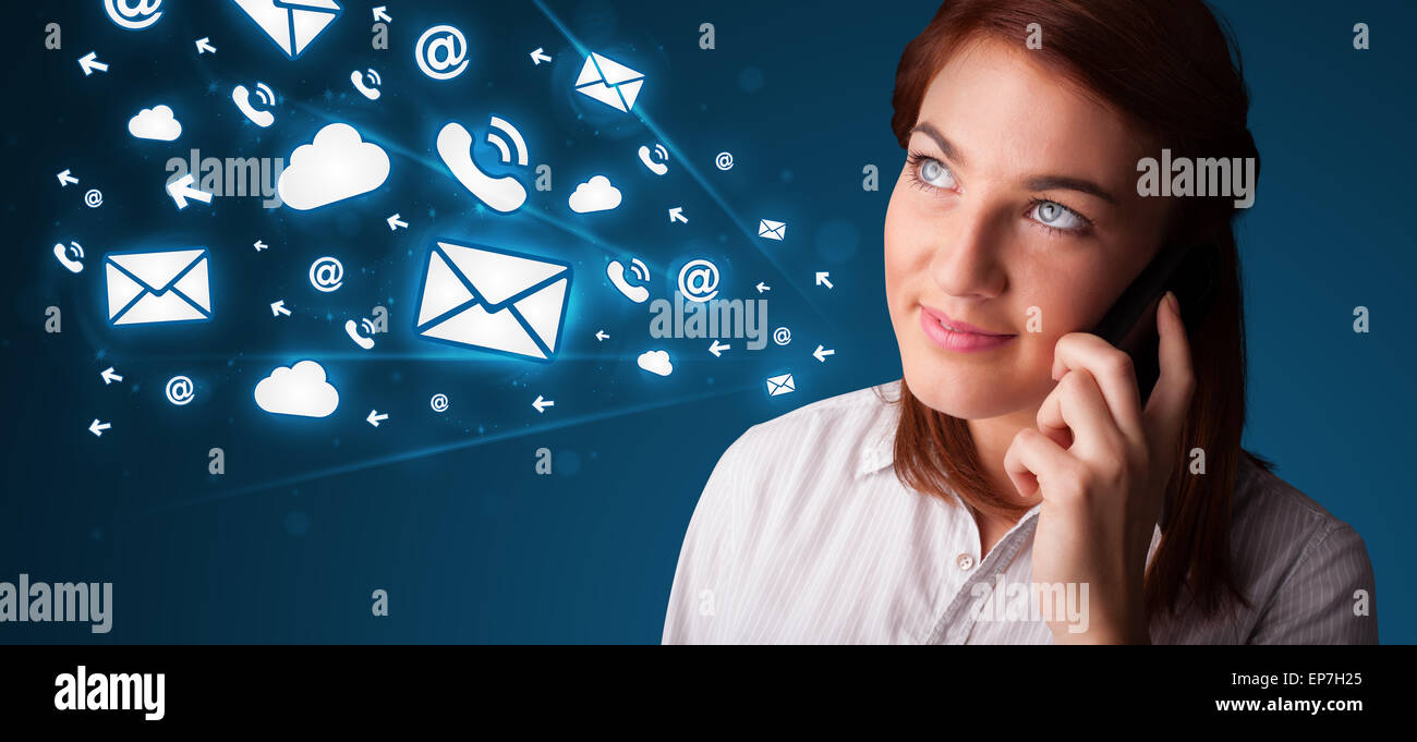 Young lady making phone call with message icons Stock Photo - Alamy