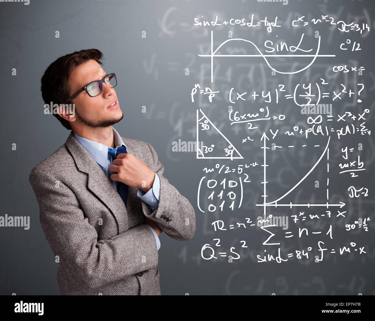 Handsome school boy thinking about complex mathematical signs Stock ...