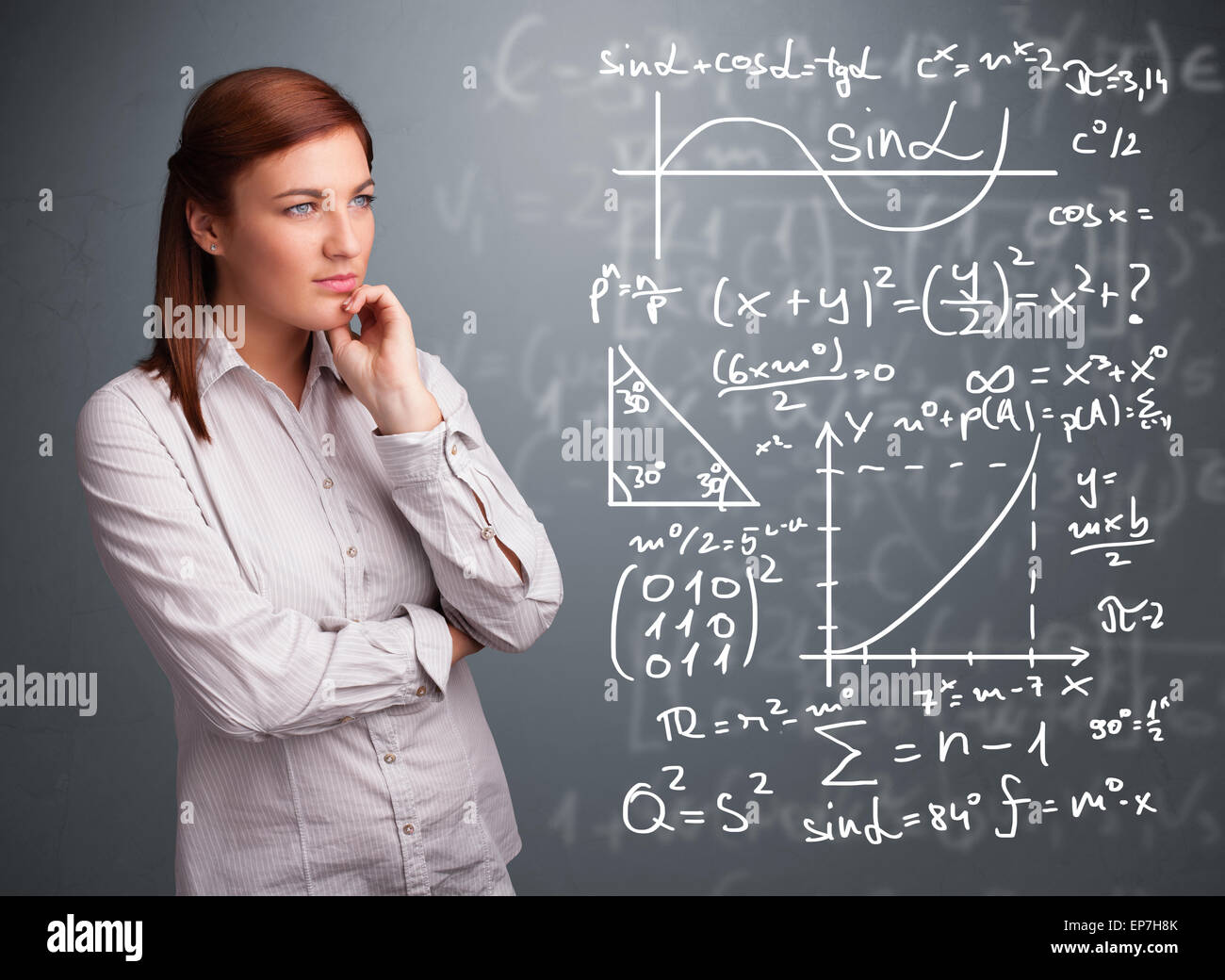 Beautiful school girl thinking about complex mathematical signs Stock ...
