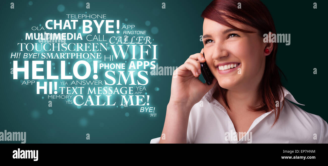 Young girl calling by phone with word cloud Stock Photo - Alamy