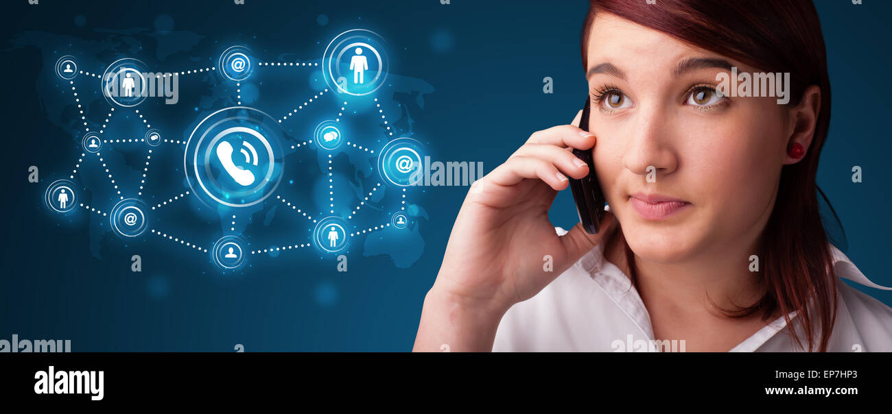 Pretty girl making phone call with social network icons Stock Photo - Alamy
