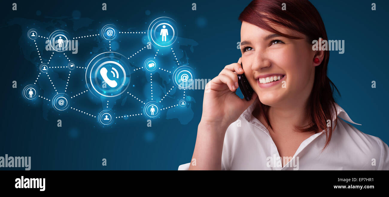 Pretty girl making phone call with social network icons Stock Photo - Alamy