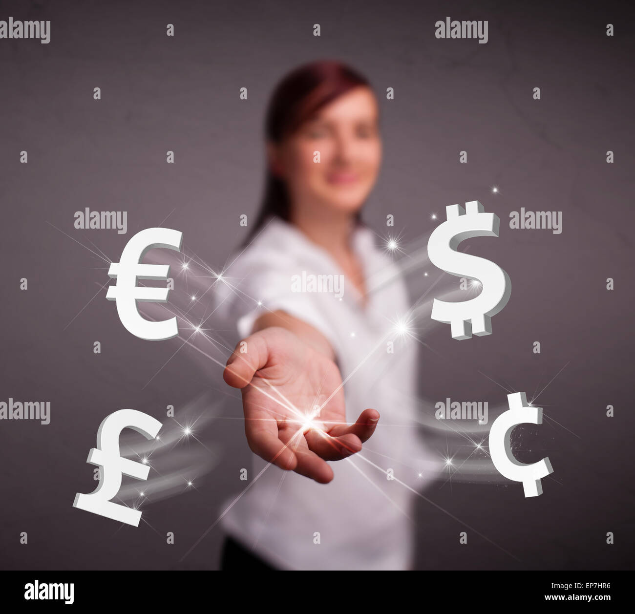 Young lady throwing currency icons Stock Photo - Alamy