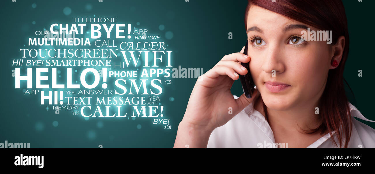 Young girl calling by phone with word cloud Stock Photo - Alamy