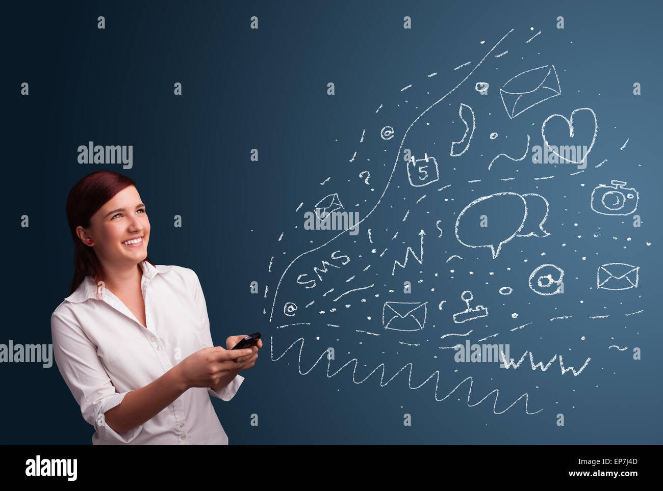 Girl typing on smartphone with various modern technology icons Stock ...