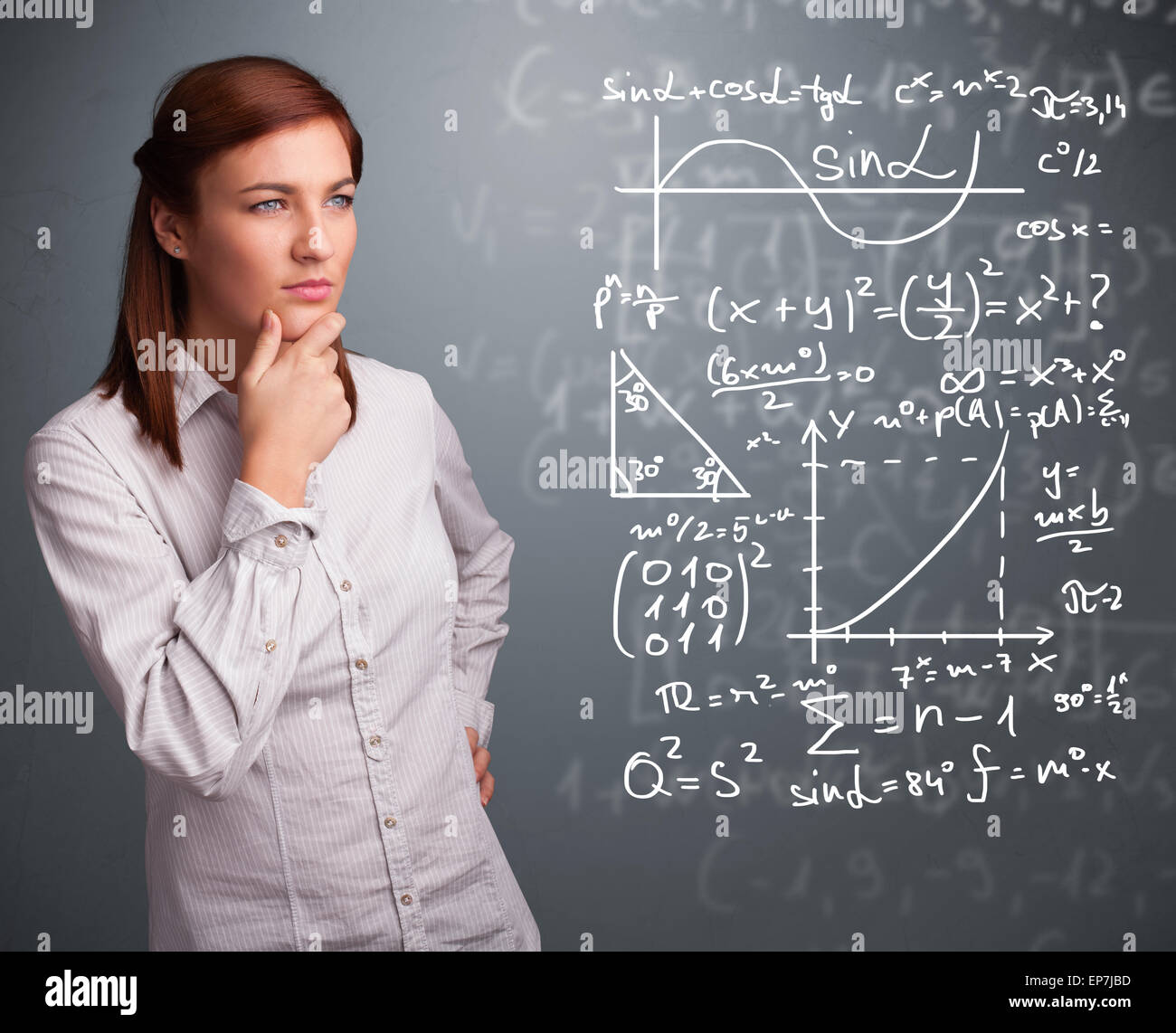 Beautiful school girl thinking about complex mathematical signs Stock ...