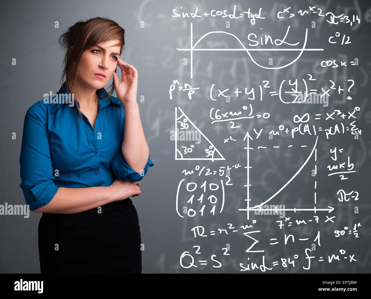 Beautiful school girl thinking about complex mathematical signs Stock ...