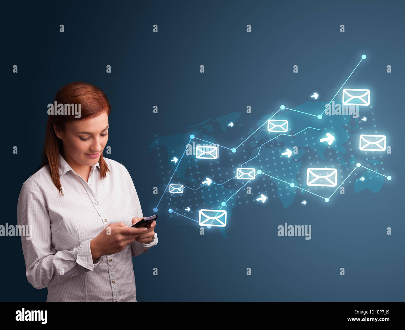 Young lady holding a phone with arrows and message icons Stock Photo ...