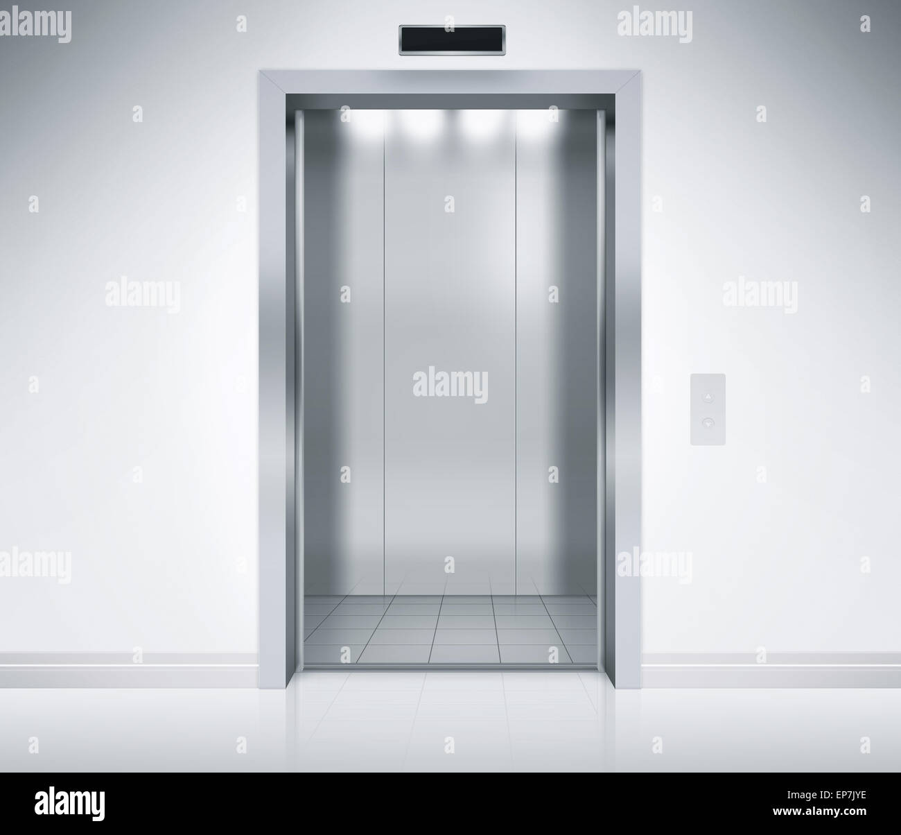 An empty modern elevator or lift with metal doors that are open in ...