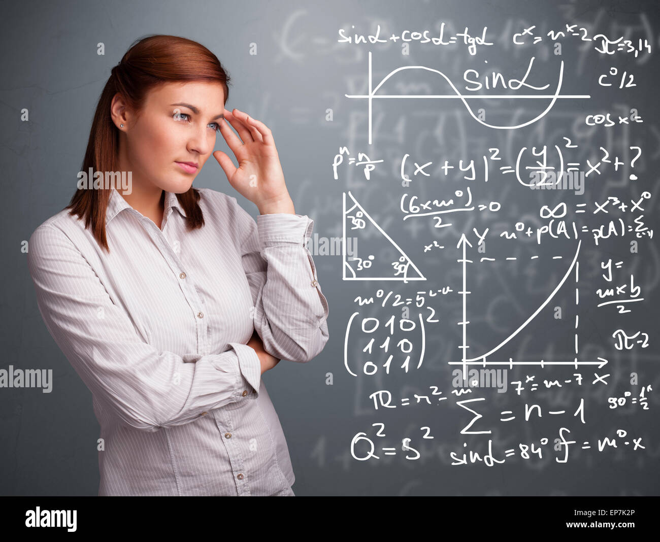 Beautiful school girl thinking about complex mathematical signs Stock ...