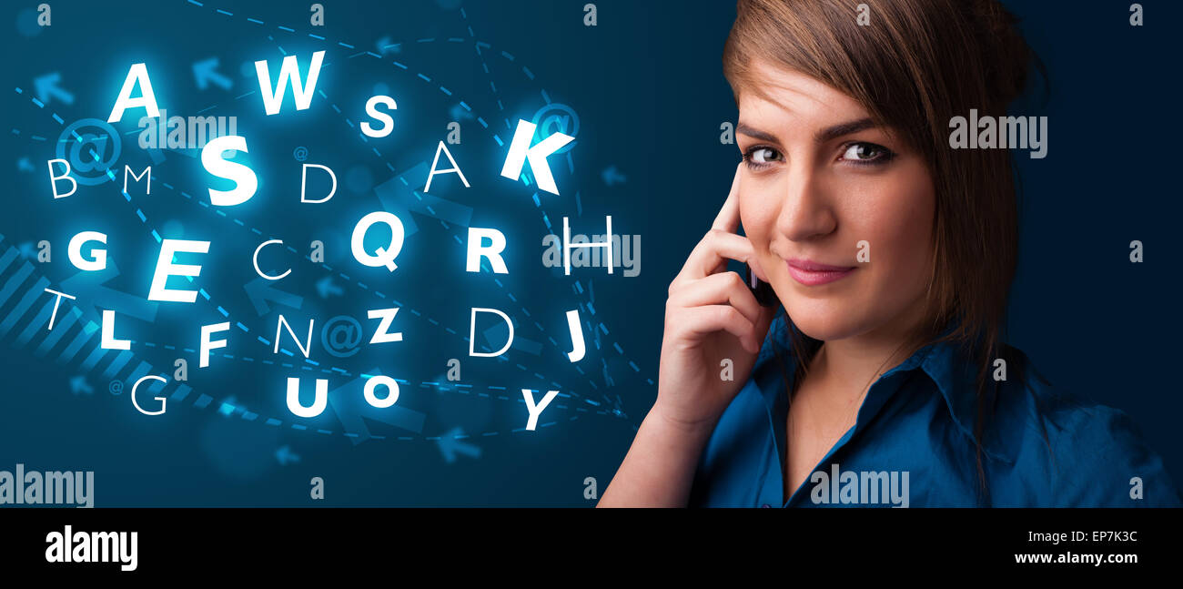 Young lady making phone call with shiny characters Stock Photo - Alamy