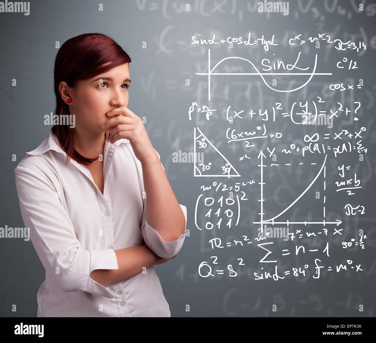 Beautiful school girl thinking about complex mathematical signs Stock ...