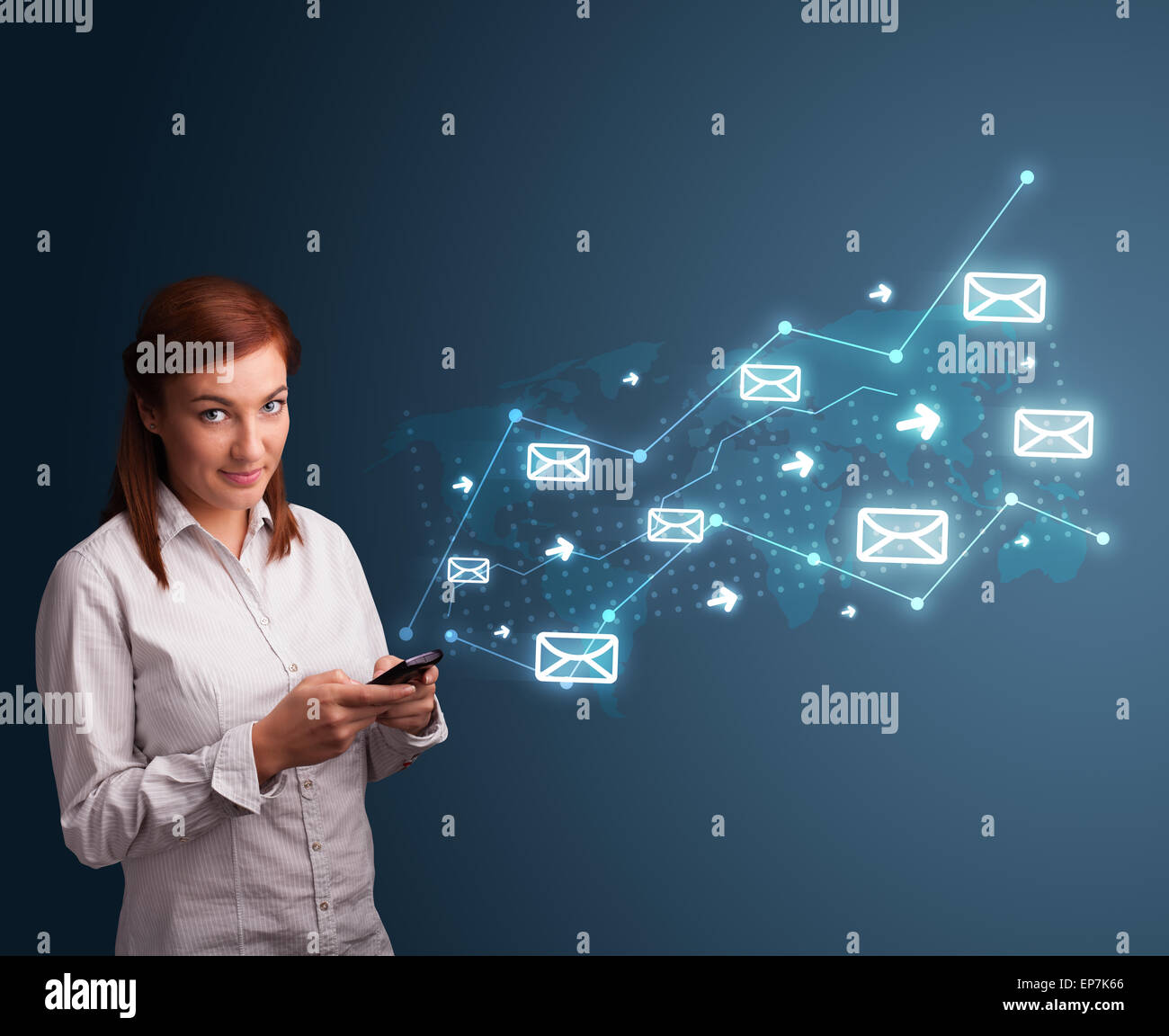 Young lady holding a phone with arrows and message icons Stock Photo ...