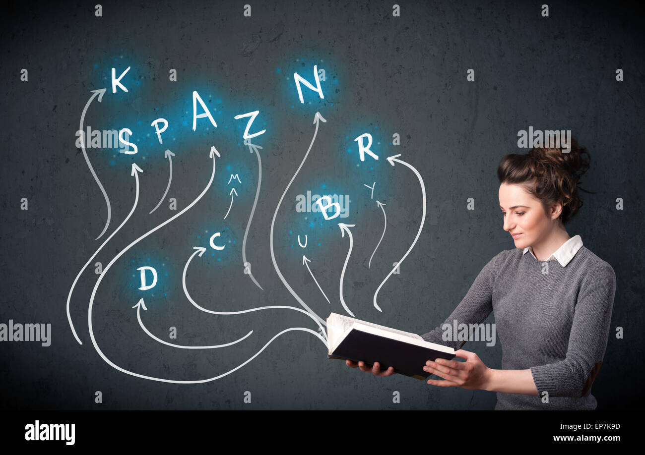 Pretty woman reading a book while multiple choices are coming out of ...