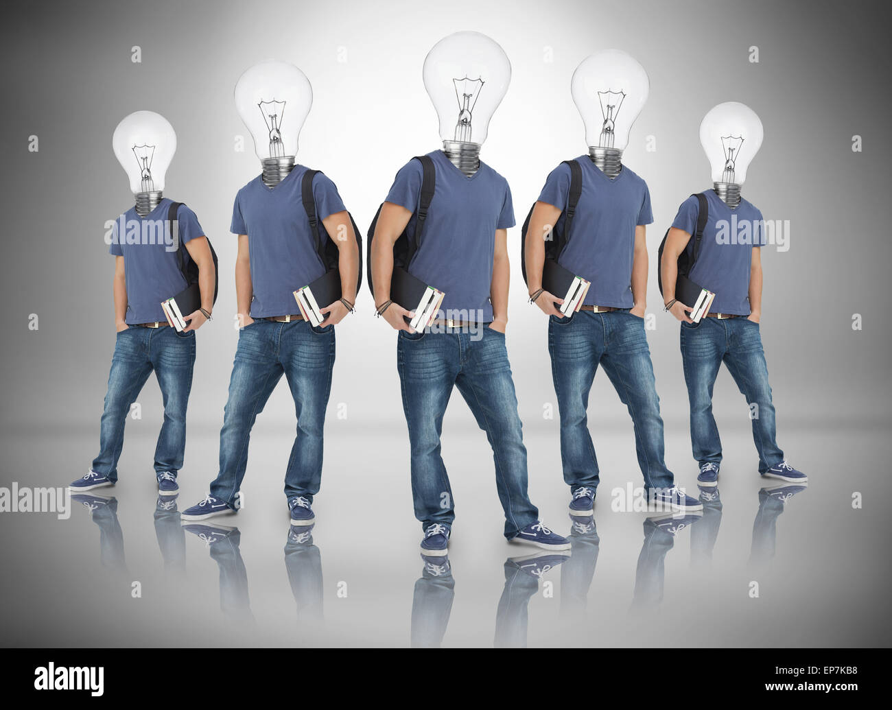 Multiple image of student with light bulb for head Stock Photo - Alamy