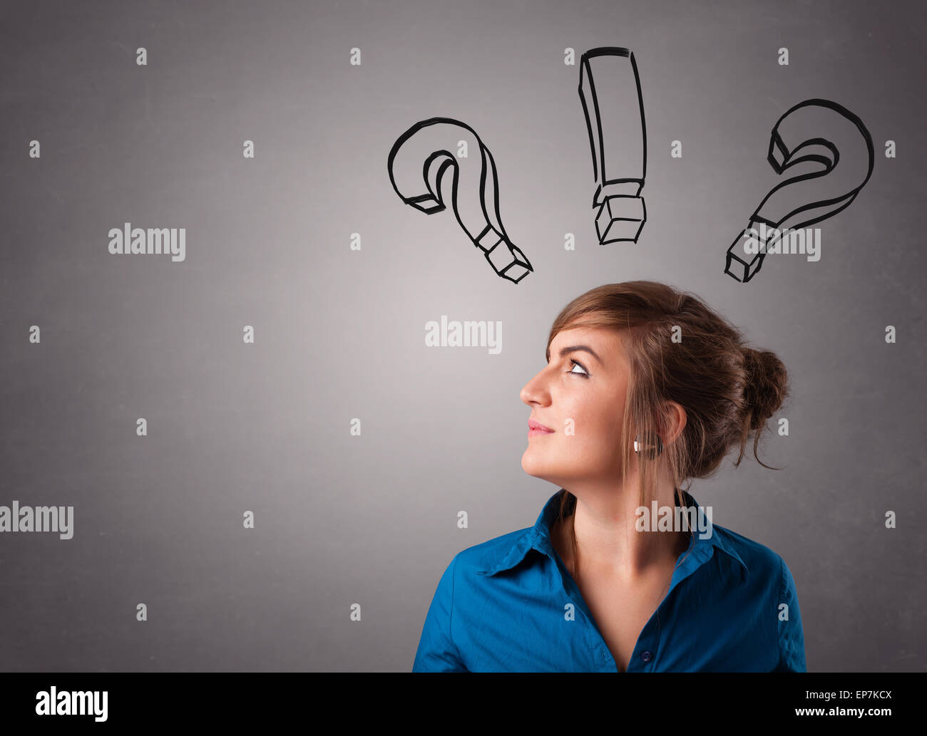 Young lady thinking with question marks overhead Stock Photo - Alamy