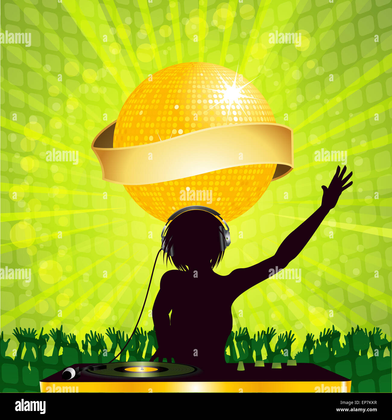 DJ Female with Records Deck Crowd and Disco Ball with Banner Stock ...