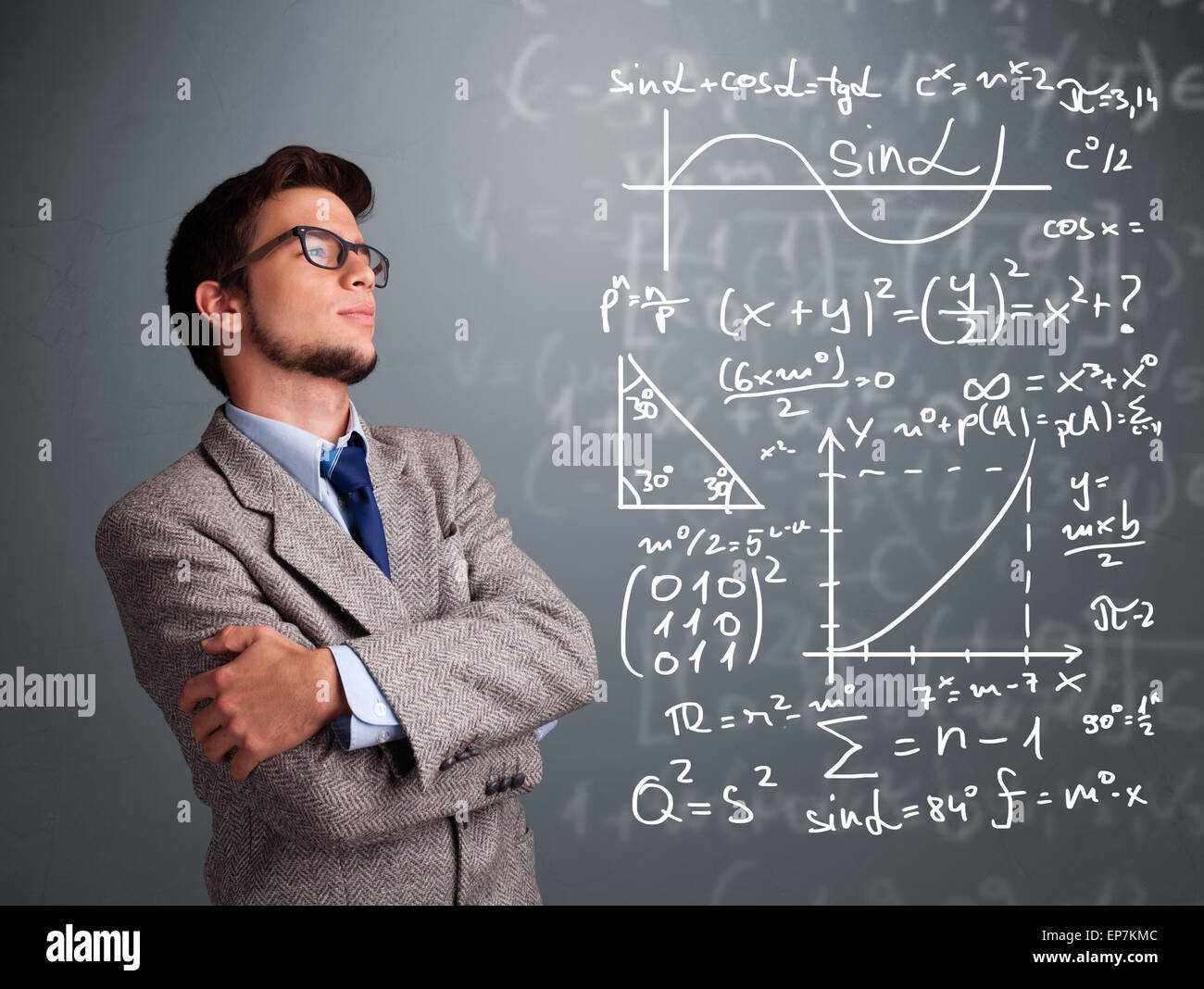 Handsome school boy thinking about complex mathematical signs Stock ...